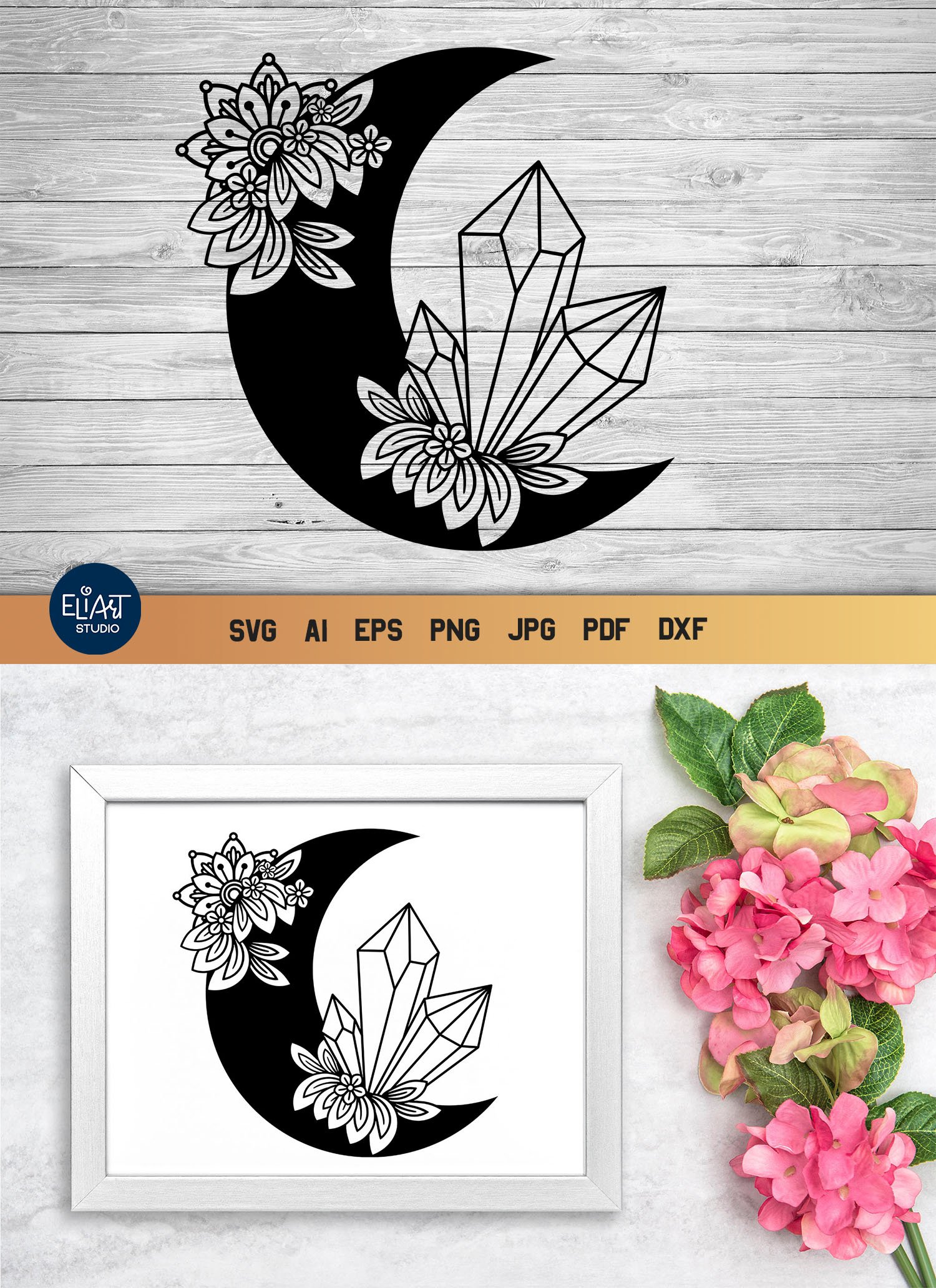 Moon SVG | Crystal SVG | Celestial SVG Floral Crescent Moon