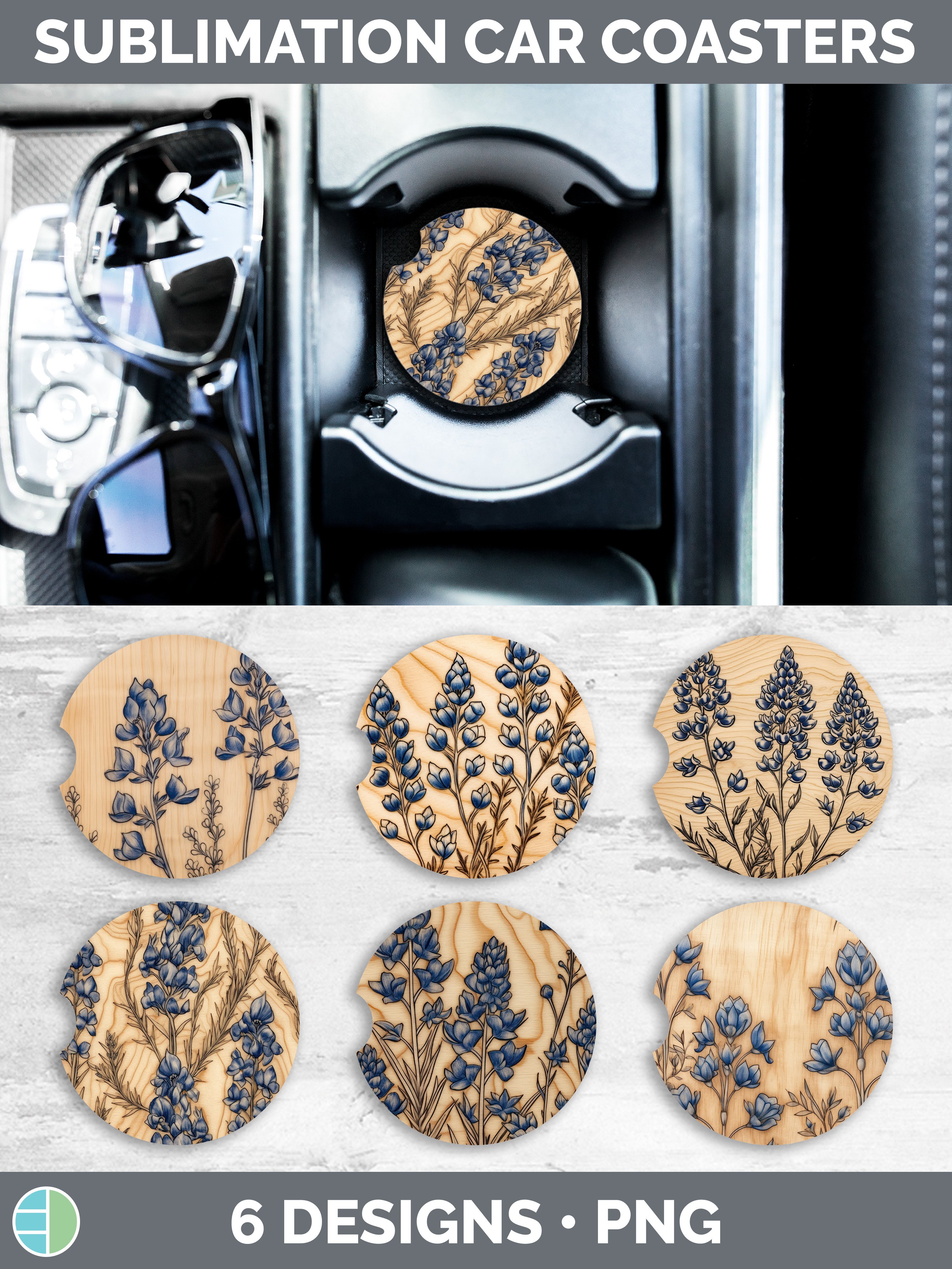 Wood Burned Bluebonnet Flowers Car Coaster | Sublimation Coa