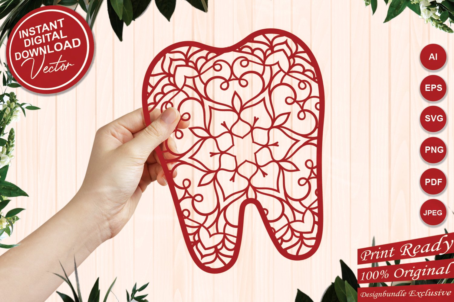 Papercut Tooth Mandala Floral, Decorative Tooth