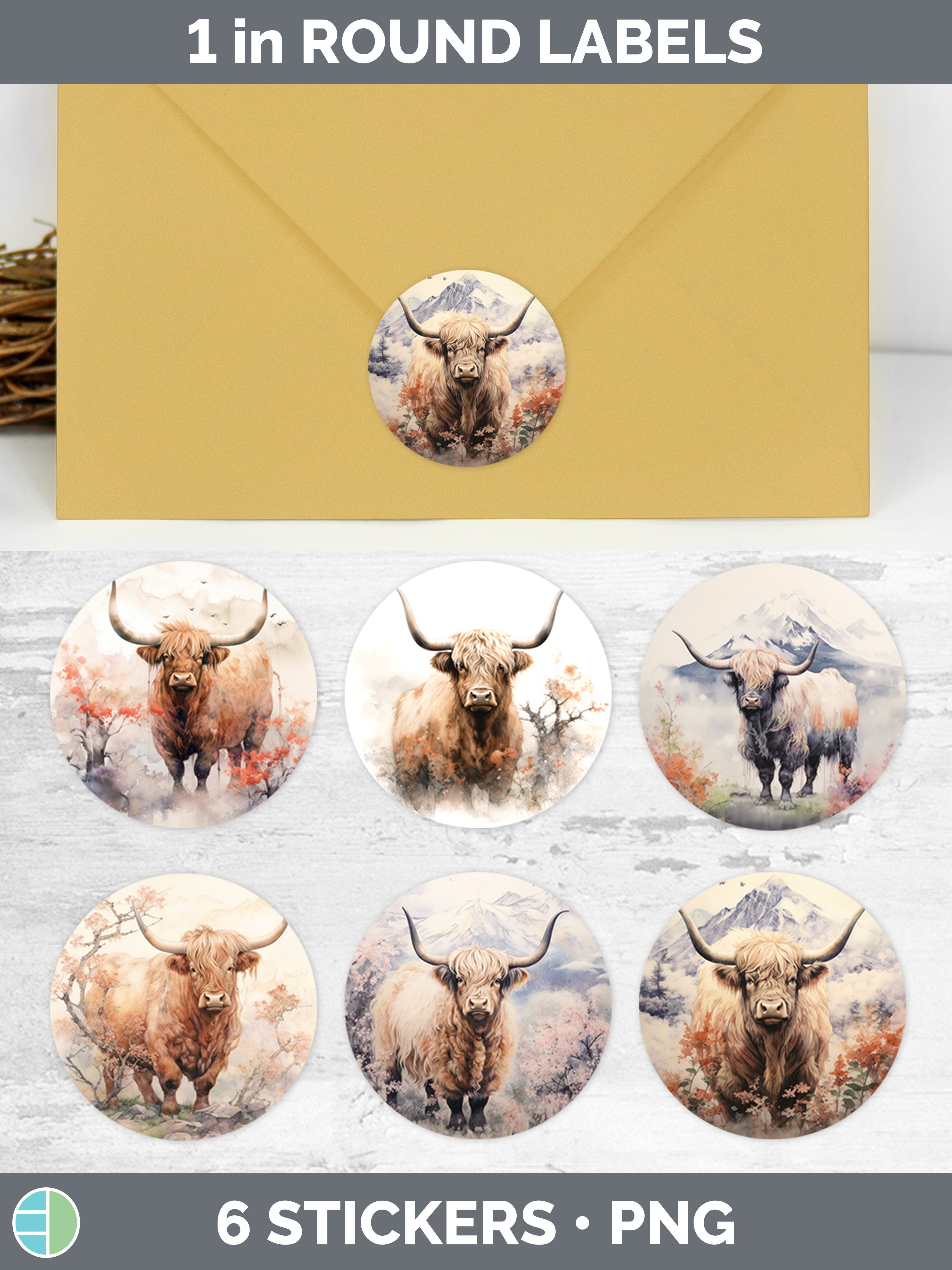 Japanese Watercolor Highland Cow Stickers | Round Labels Des