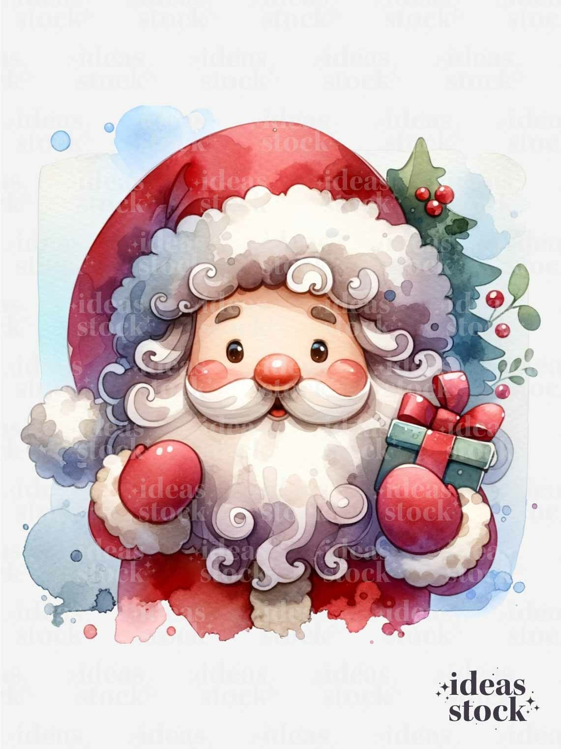 Cute Sanata Claus with a Gift Watercolor. Christmas Clipart.