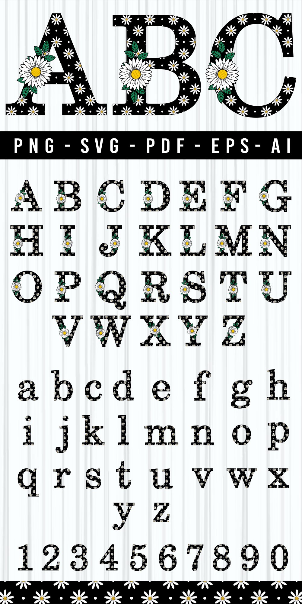 Daisy Flowers Doodle Alphabet Sublimation, Monogram Letters