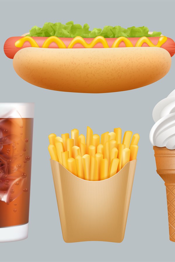 Fast food. Realistic junk food hotdogs cold drink ice cream