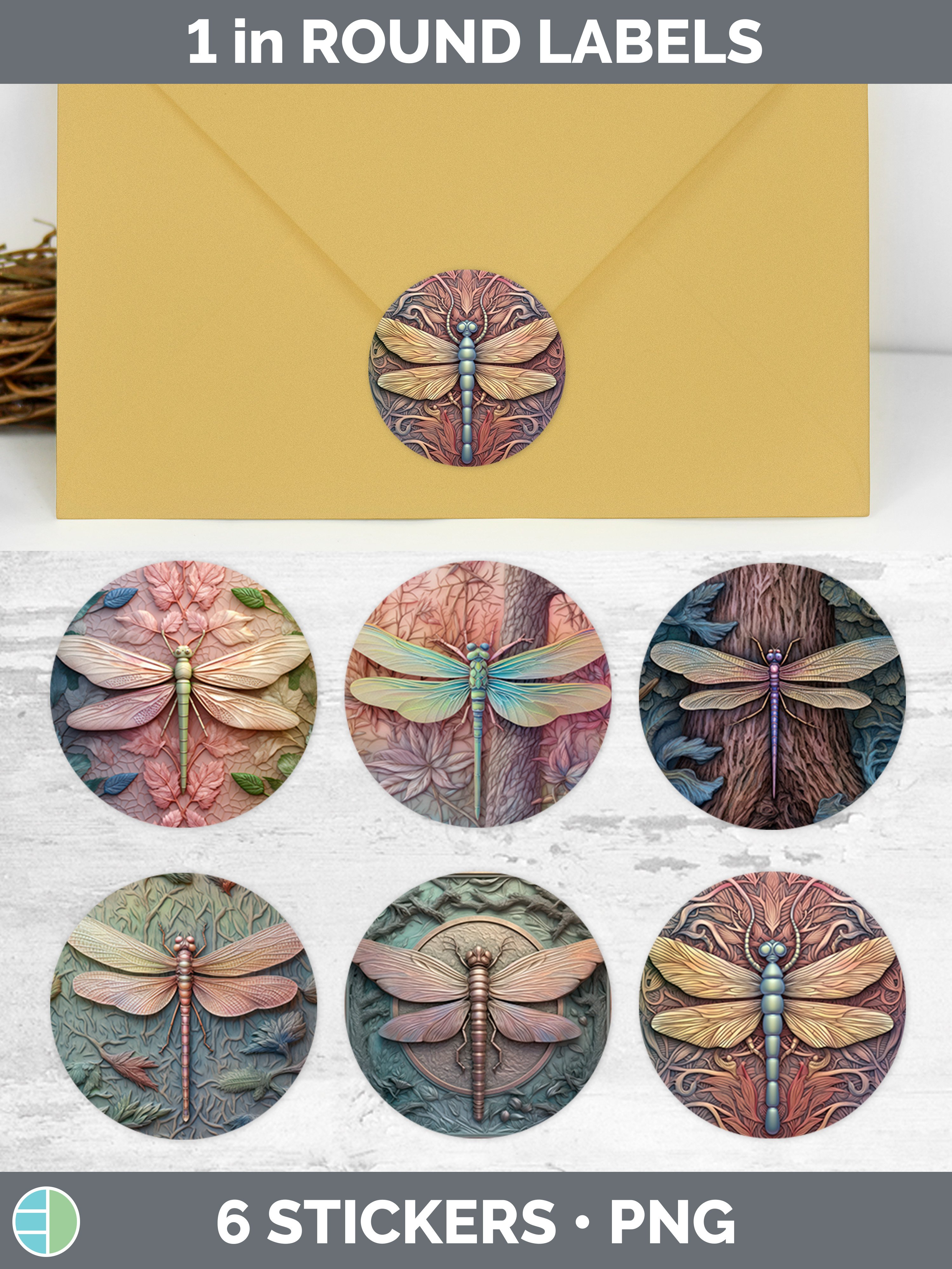 3D Dragonflies Stickers | Round Labels Designs Bundle