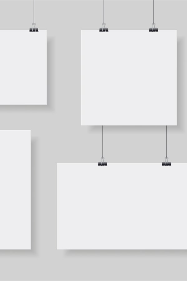 Paper poster hanging on clip and string, photo gallery mocku