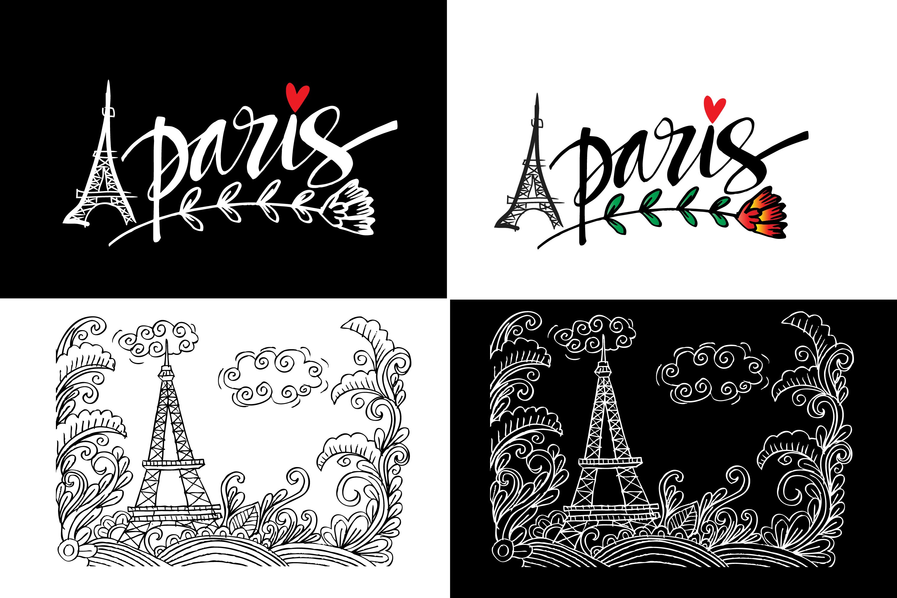 Set of Paris Europe symbol hand drawing