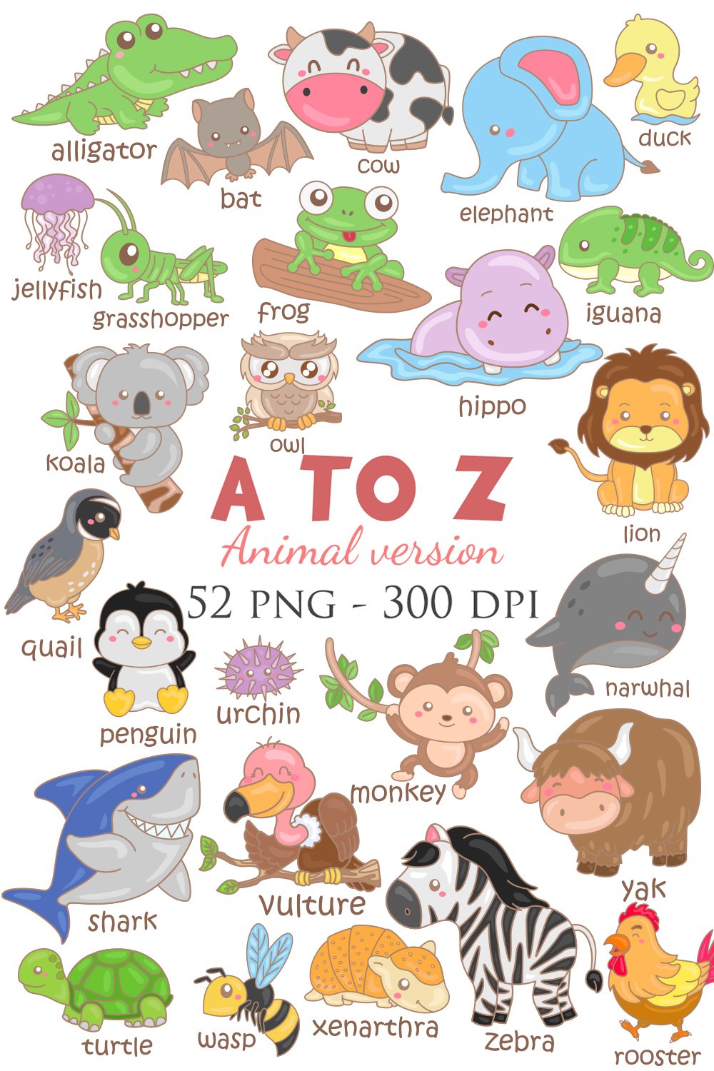 Alphabet A to Z Animal Vocabulary School Cartoon Illustratio