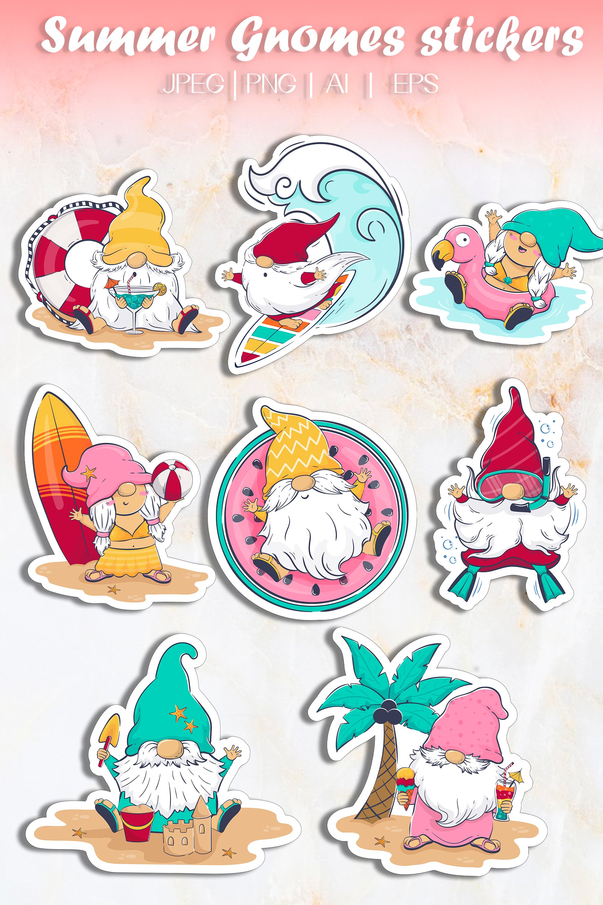 Cute beach gnomes stickers | 8 summer gnome PNG