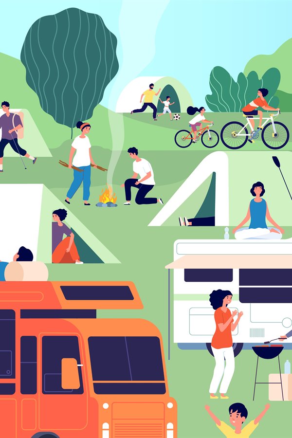 Summer camp. Happy diverse people camping on nature. Group f