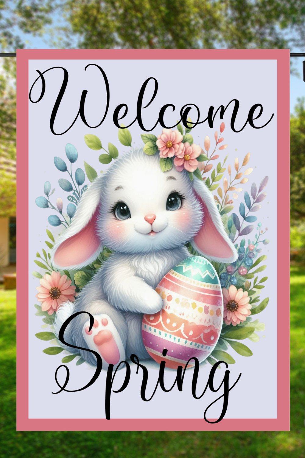 Welcome Spring Garden Flag Sublimation PNG, Bunny Yard Flag