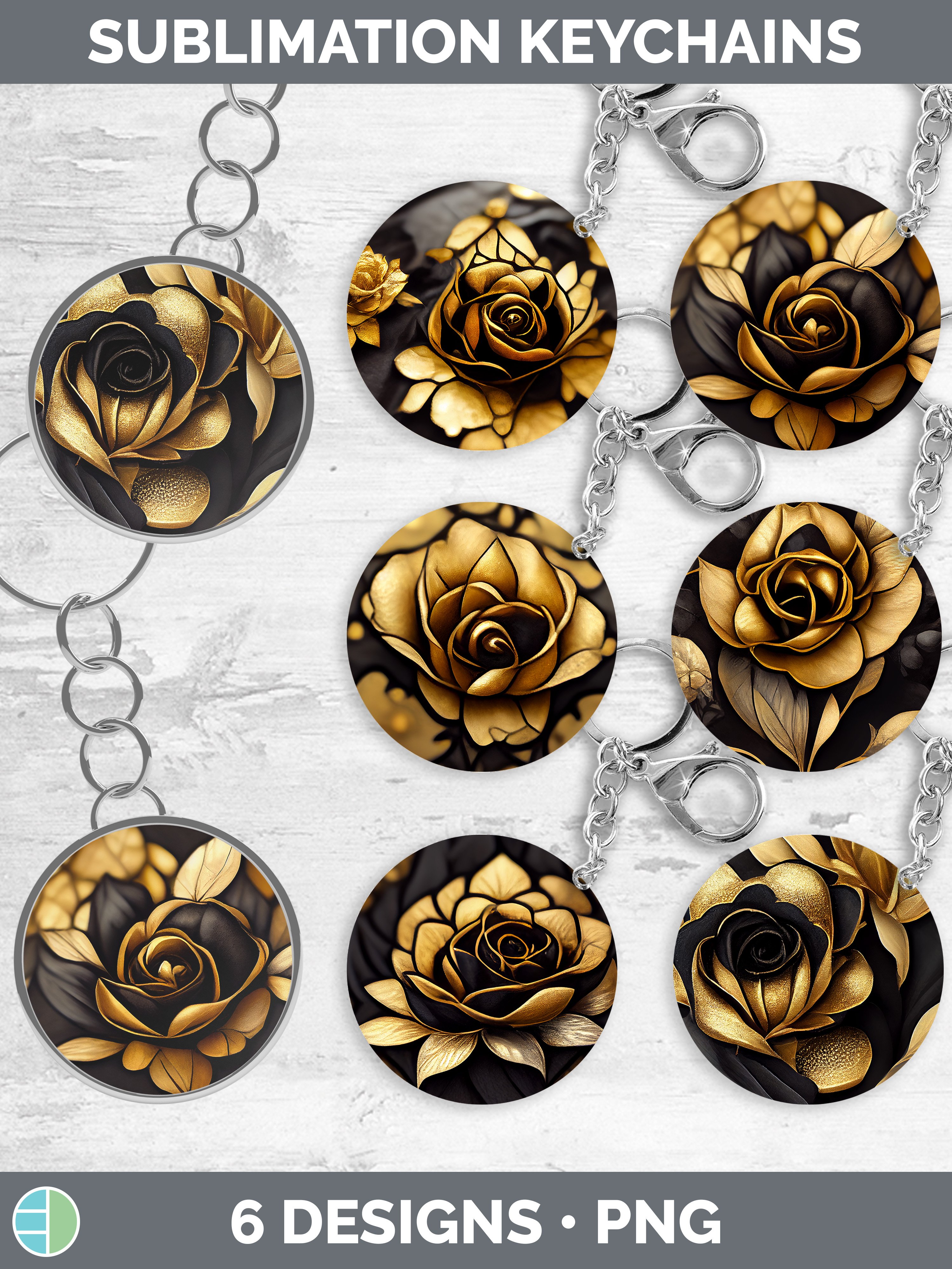 Black and Gold Rose Keychain Bundle | Keyring Sublimation De