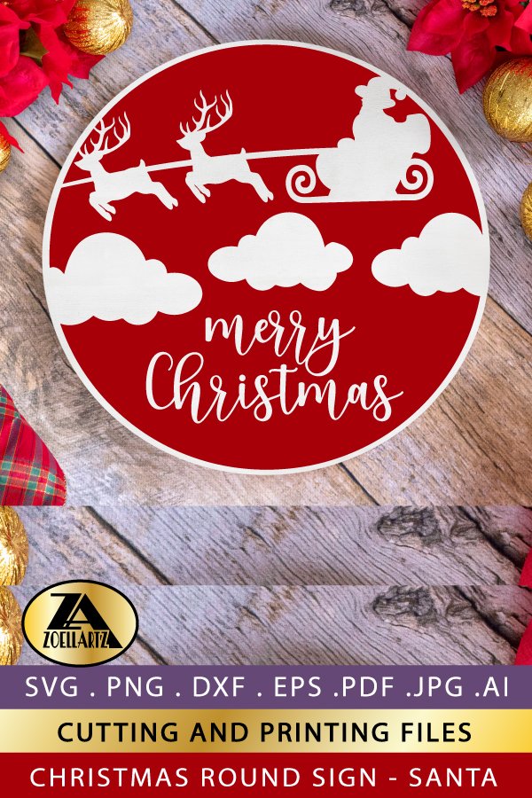 Christmas Round Sign SVG Merry Christmas Santa Sleigh SVG