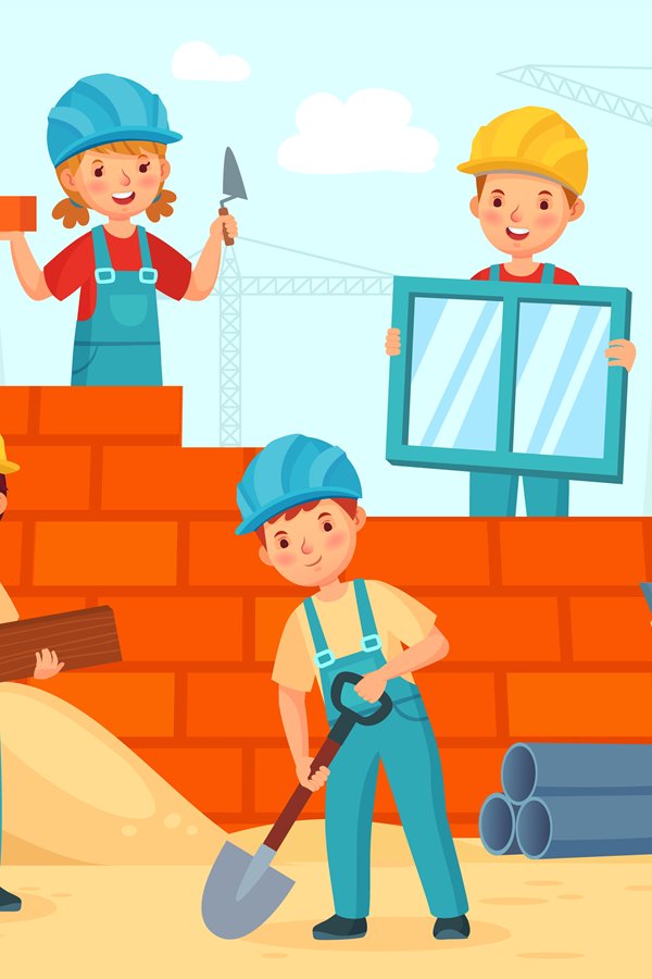 Kids build construction. Little workers in helmets build bui