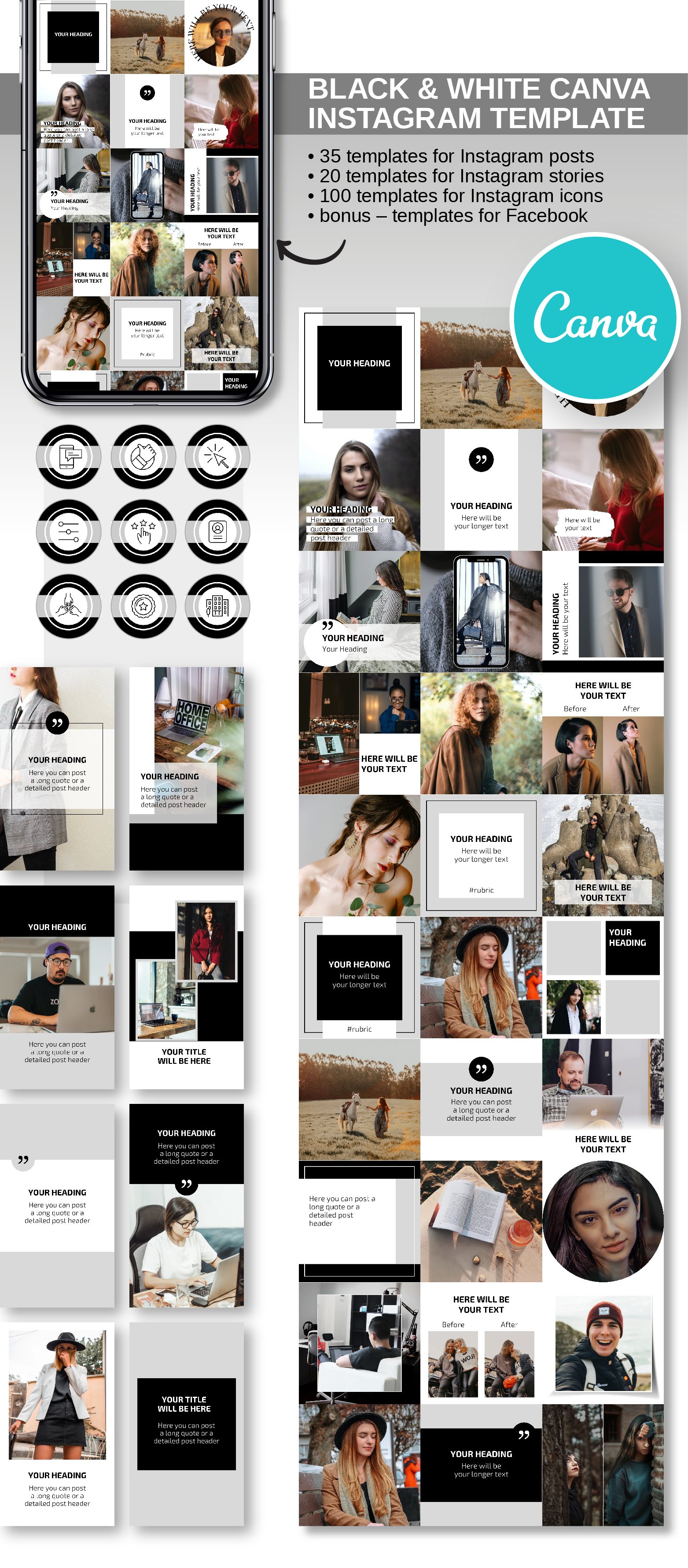 Black & White CANVA Template for Instagram icons, stories