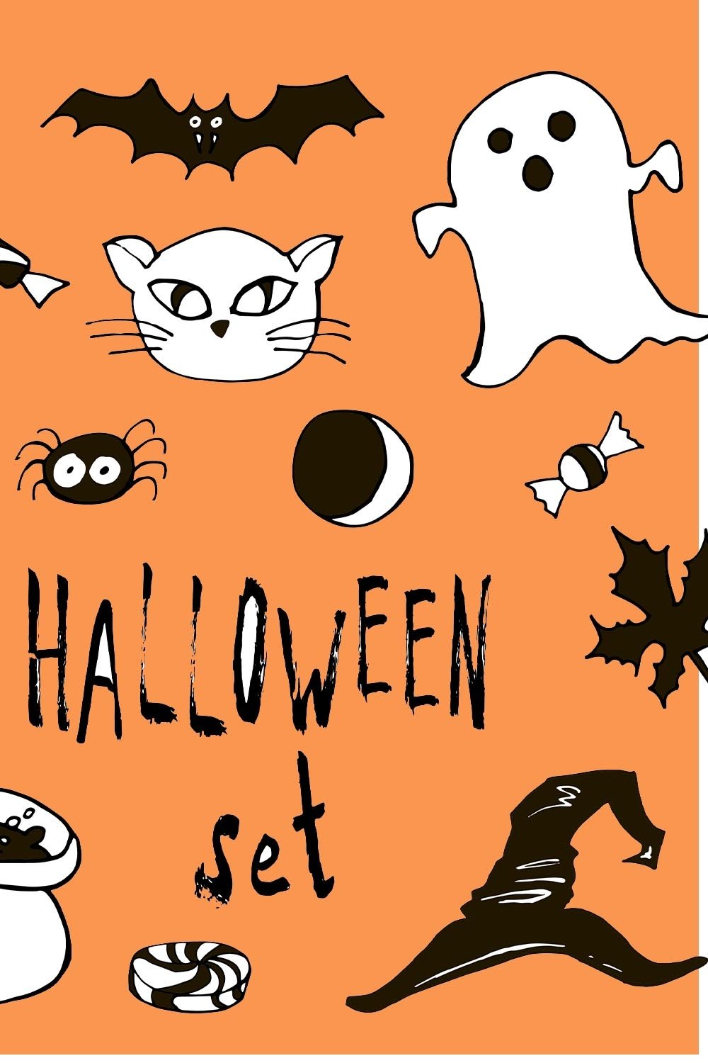 Halloween hand drawn doodle set for coloring. PNG, SVG, EPS