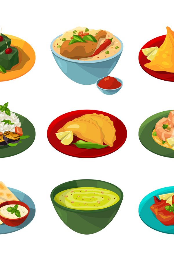 Cartoon set of traditional indian food in different dishes