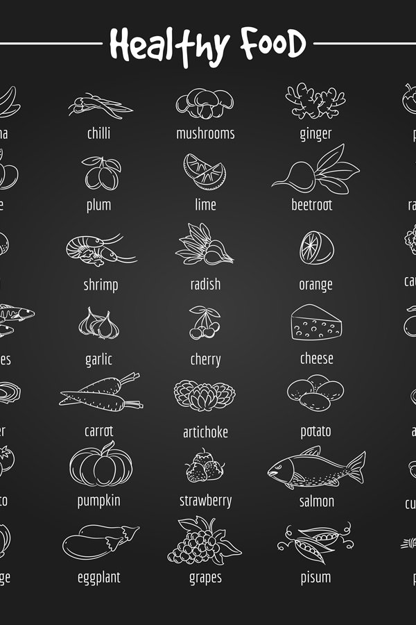 Healthy eating fish and vegetables icons