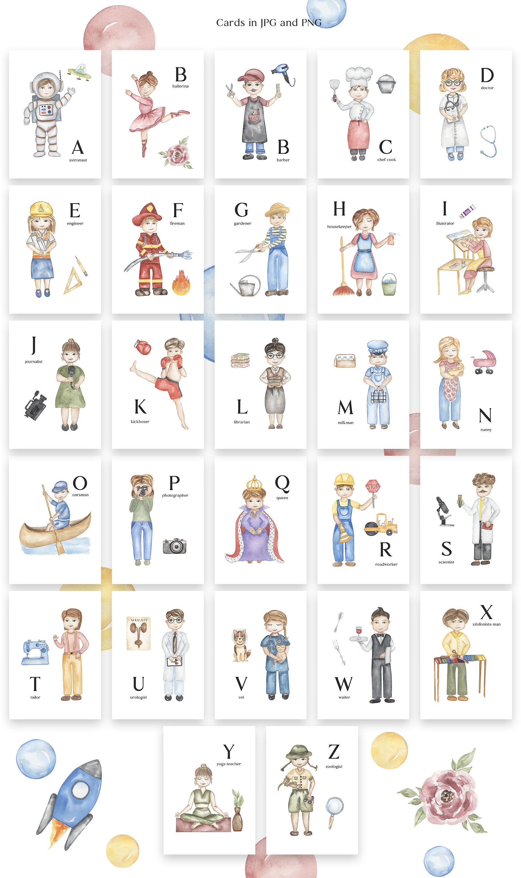 Watercolor Cute Alphabet Professions Collection Bundle