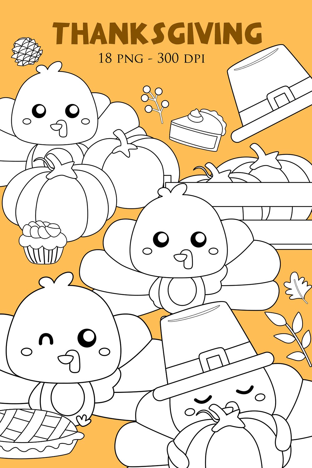 Thanksgiving Cute Turkey Bird Party Digital Stamp Outline