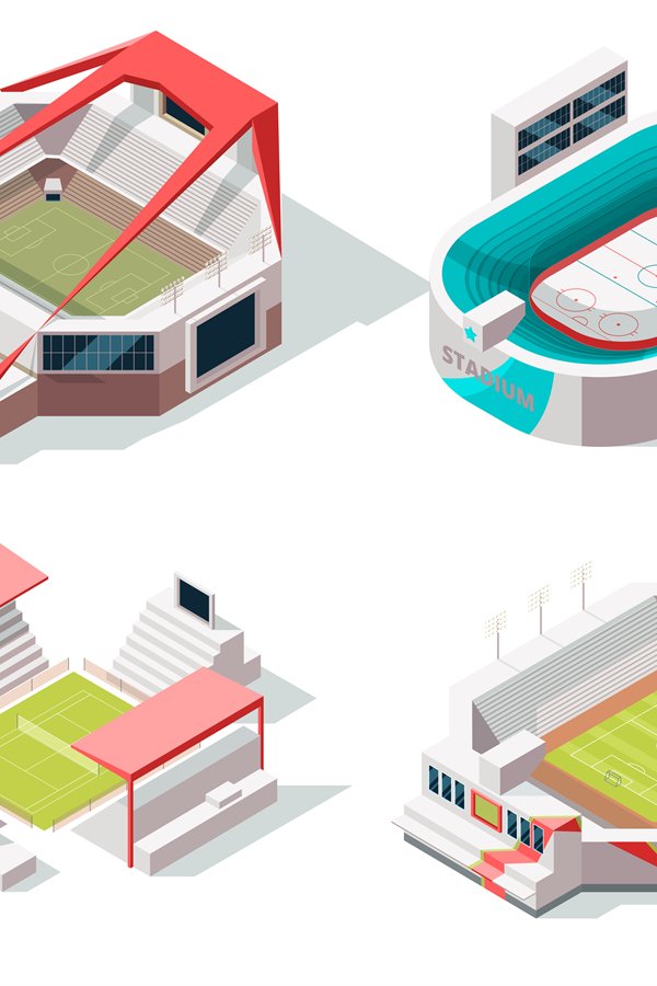 Exterior of stadium buildings hockey, soccer and tennis. Iso