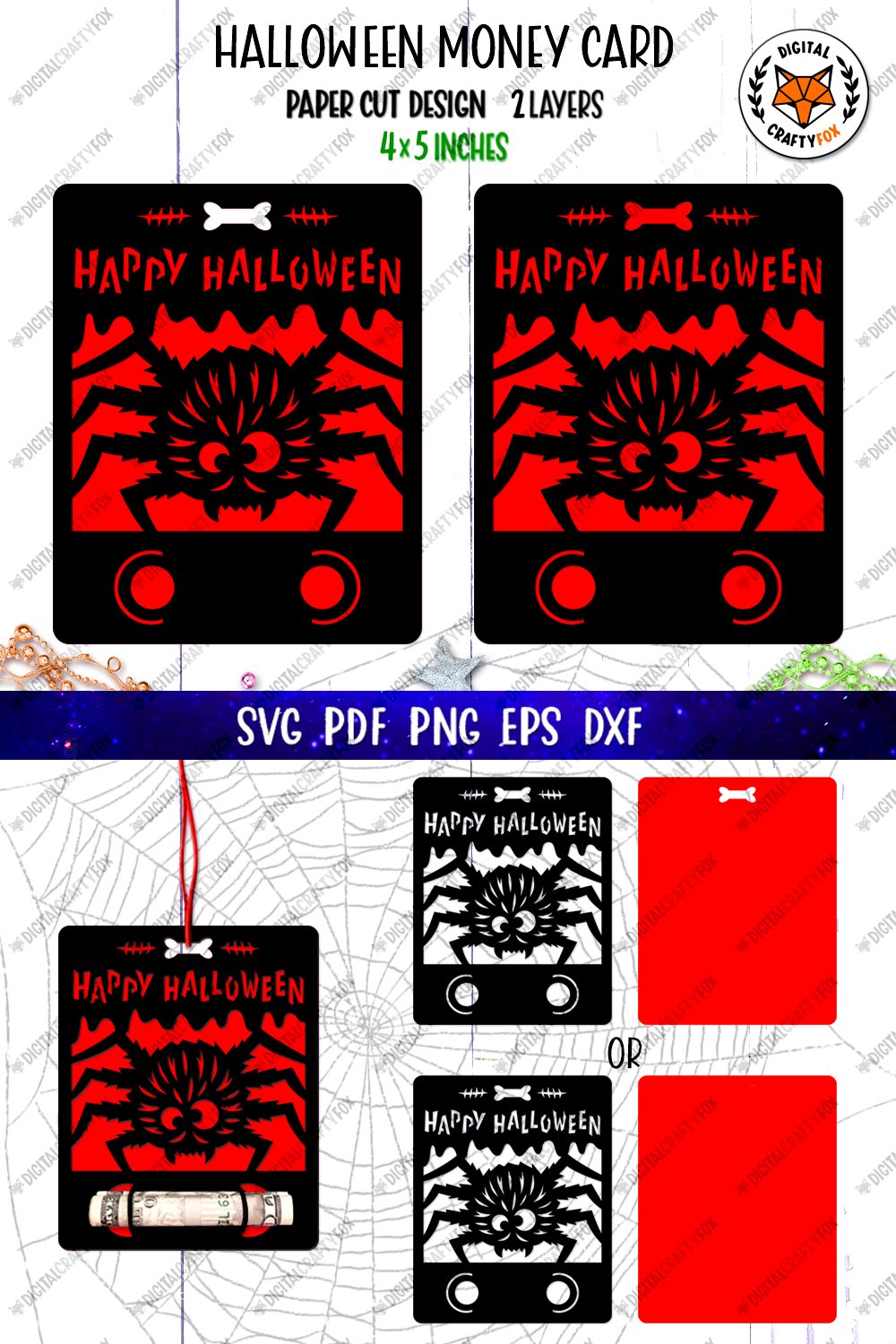 Halloween Spider Money Card, Money Holder Template SVG