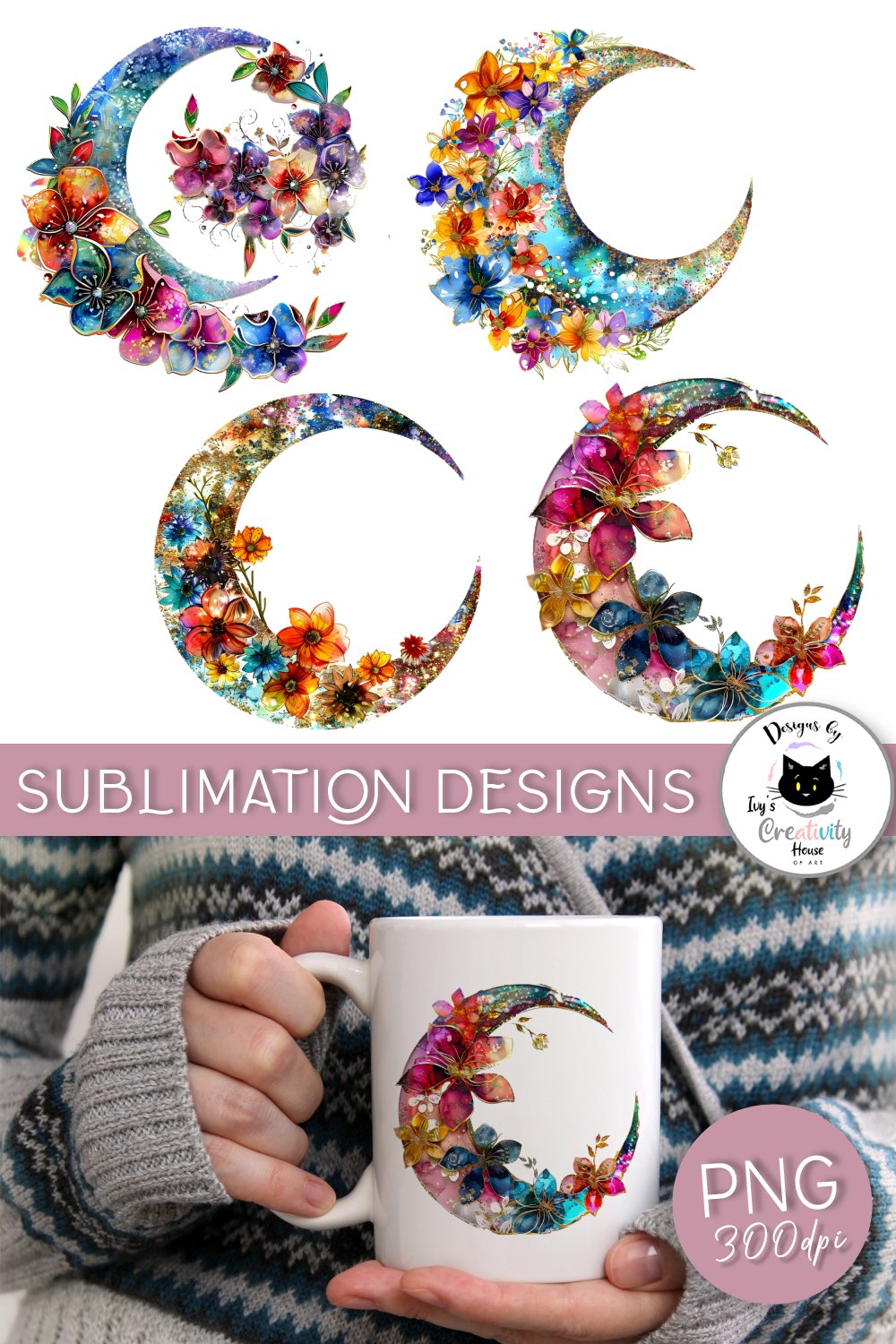 Floral Moon Sublimation Designs | Fantasy Clipart