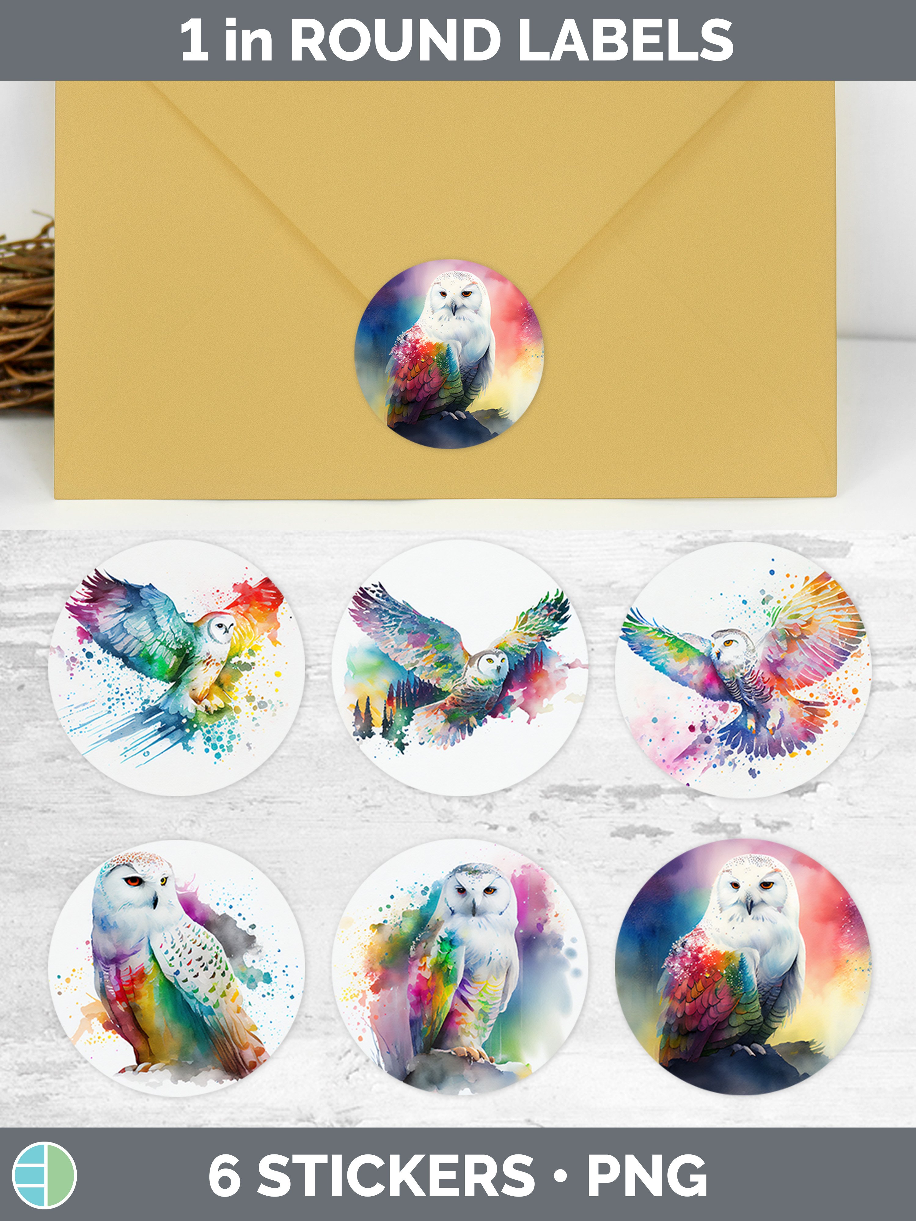 Rainbow Snowy Owl Stickers | Round Labels Designs Bundle