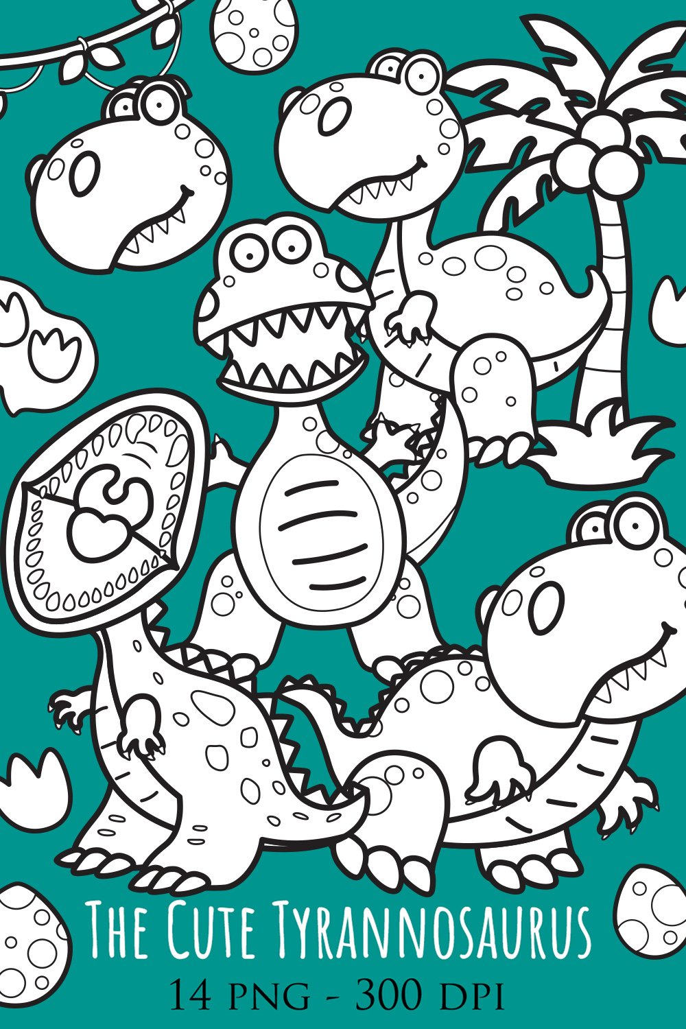 Funny Dinosaur Animal Trex Cartoon Digital Stamp Outline