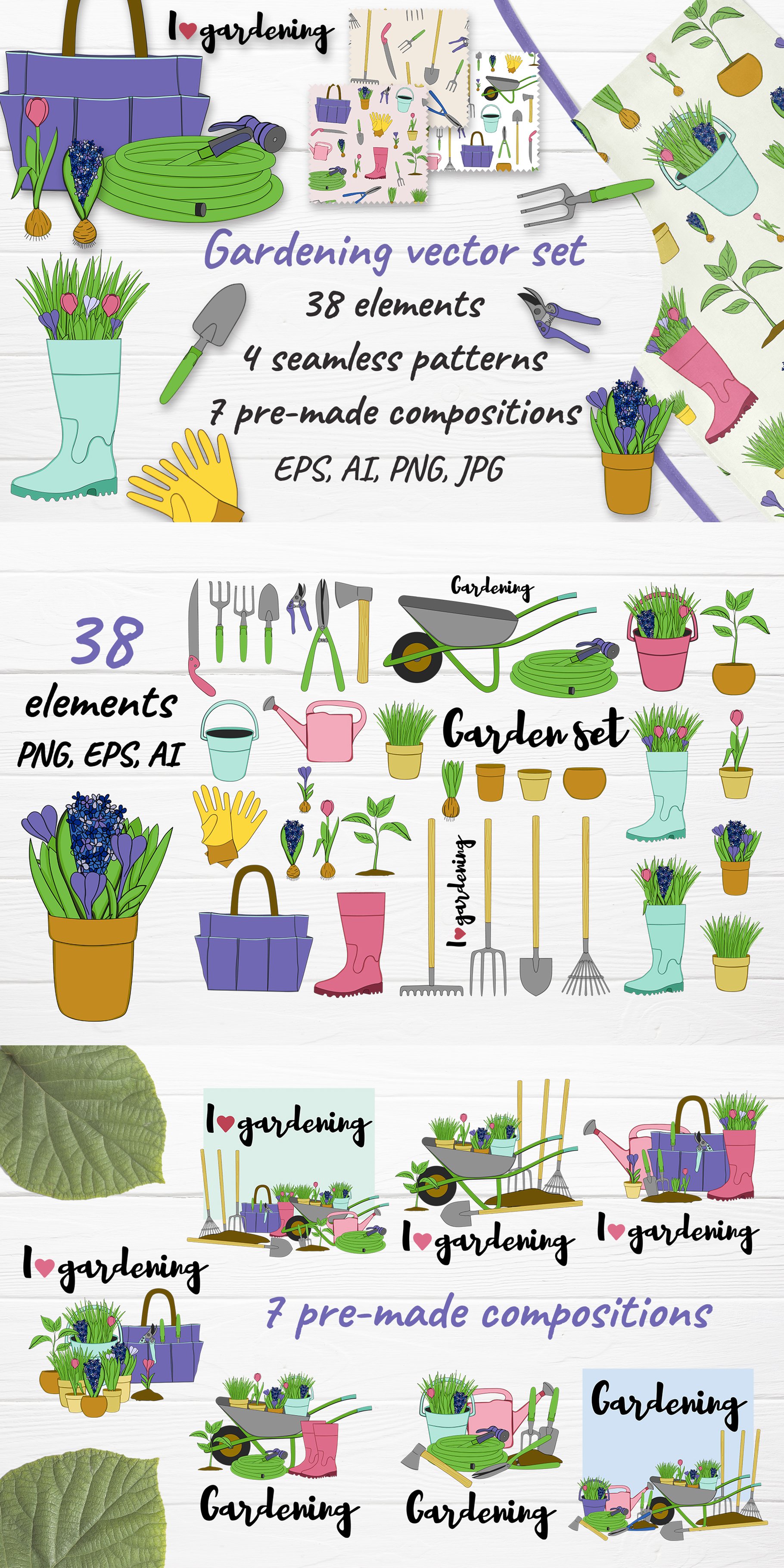 Vector collection of garden clip art, patterns, compositions