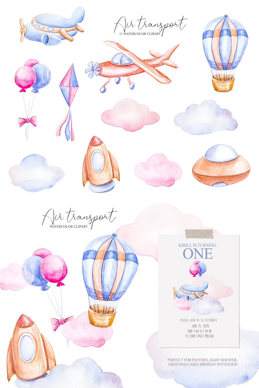 Watercolor airplane clipart, baby boy png files, balloon set