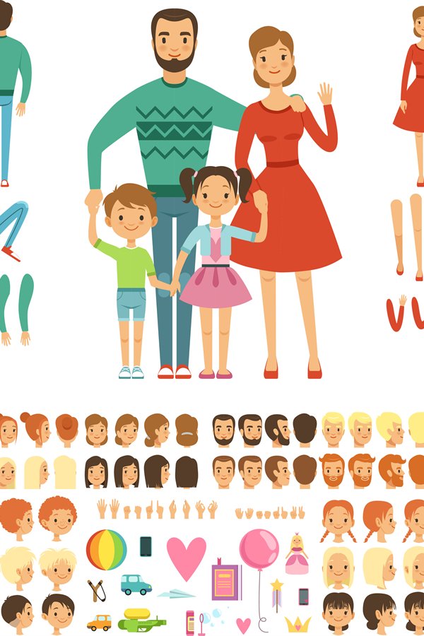 Big happy family. Mother, father and childrens. Mascot creat