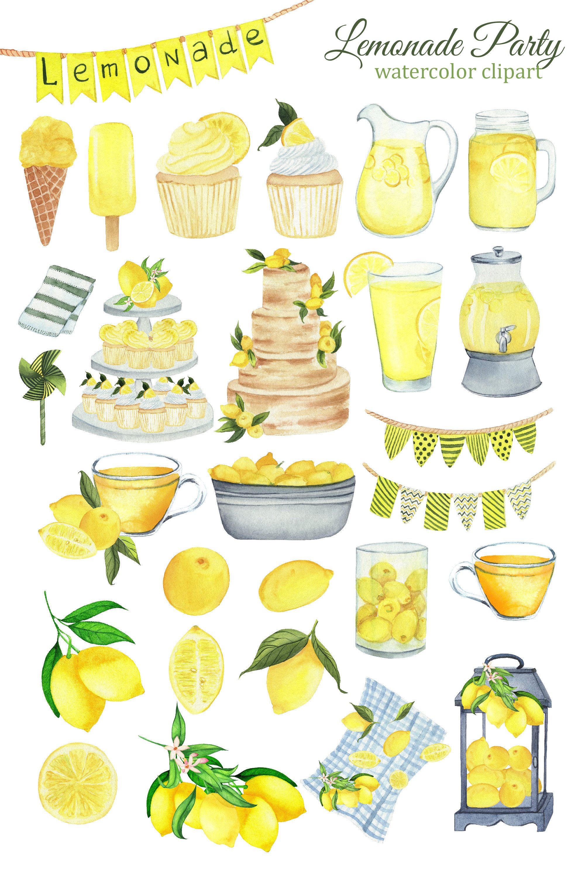 Lemonade Party Watercolor Clipart, Citrus Summer Clip art