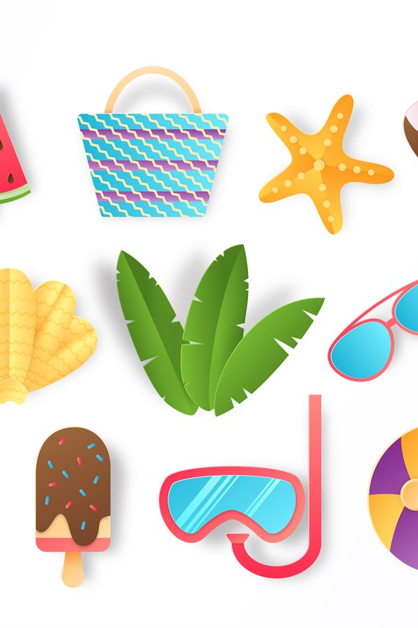 Paper cut summer elements. Trendy tropical leaves pink flami