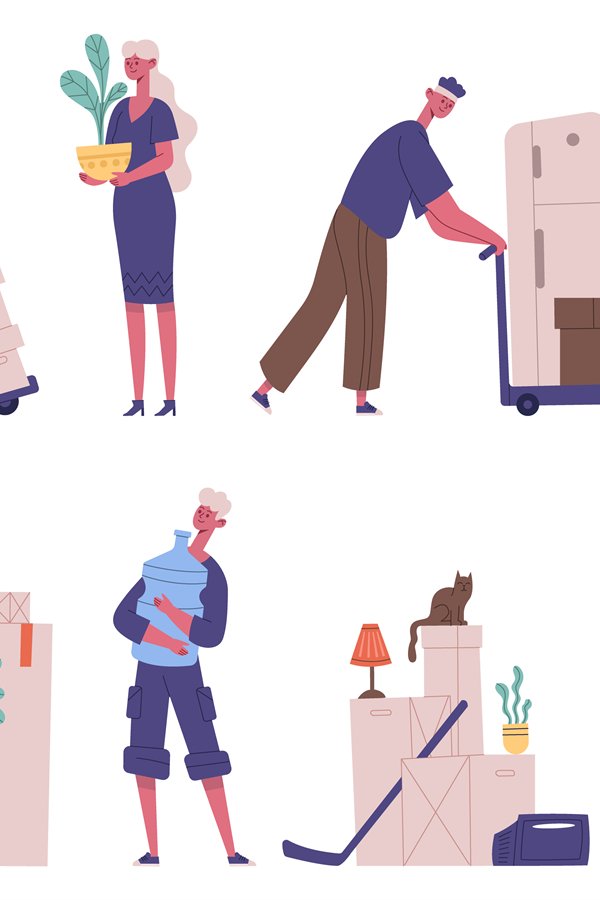 Moving out people. Family moving new house, characters carry