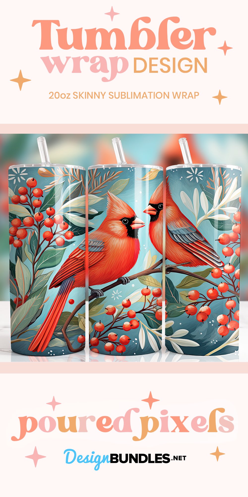 Two Red Cardinal Birds Christmas Tumbler Wrap Design