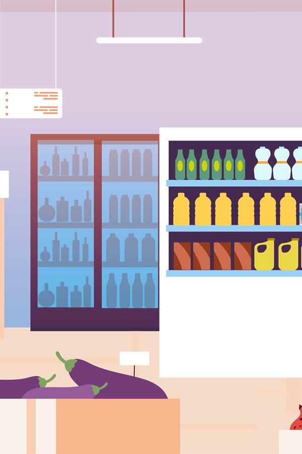 Supermarket interior. Empty shopping retail hall with food o