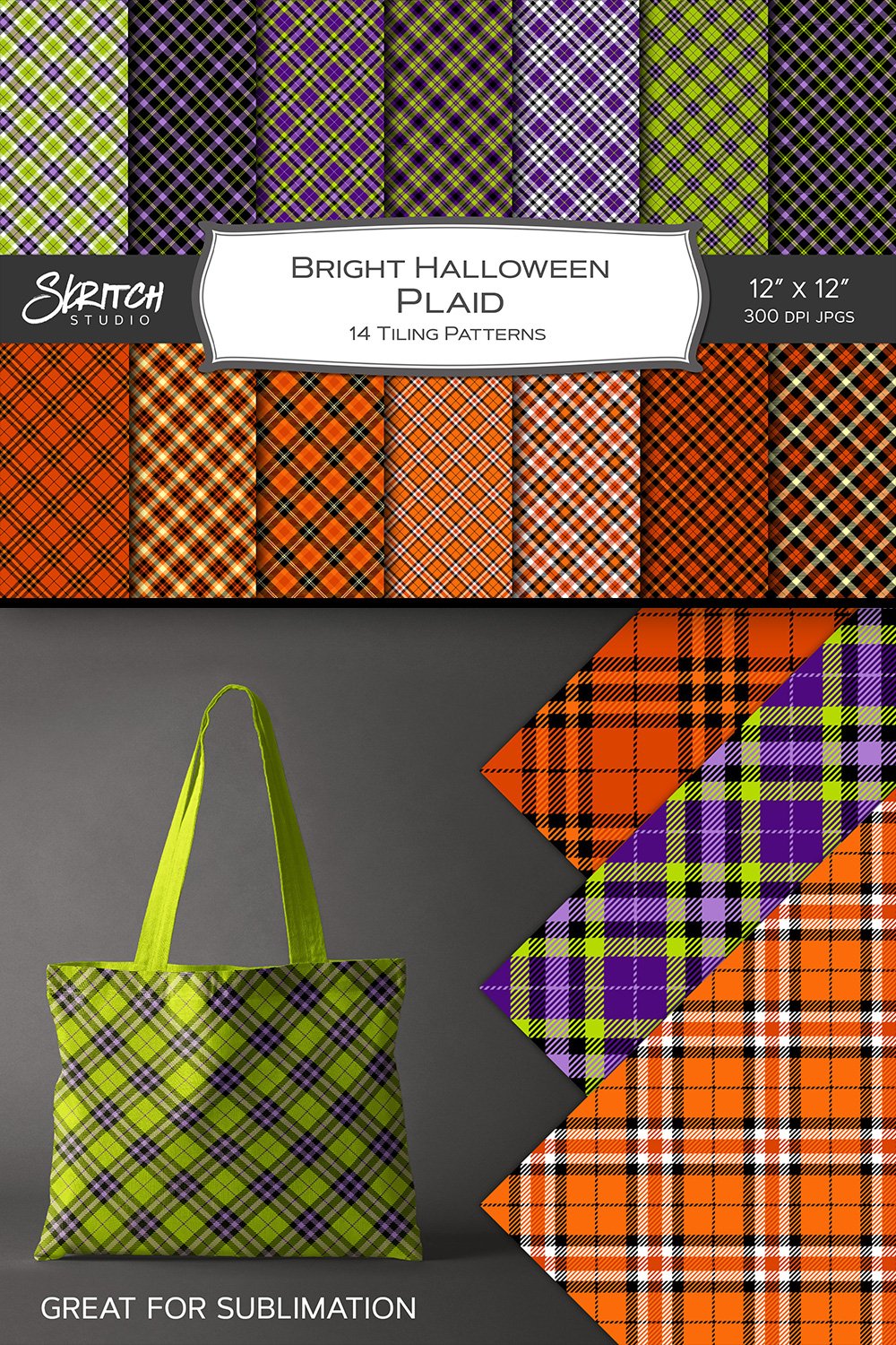 Bright Halloween Plaid - 14 Seamless Designs