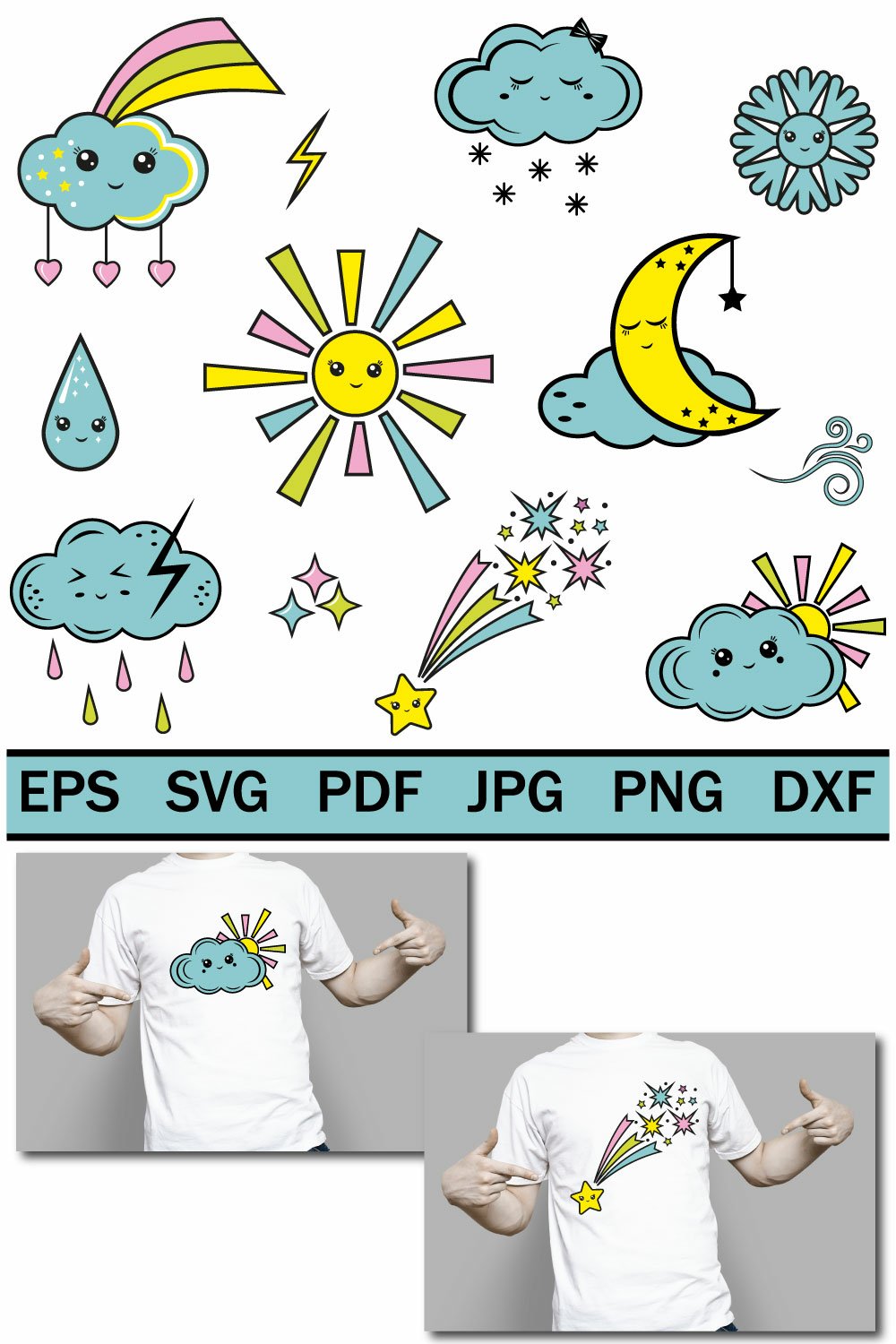 Set Meteorological symbols of kawaii, sublimation, clipart