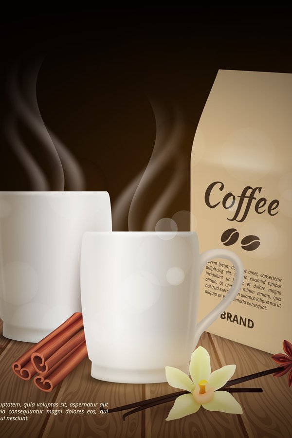 Vector realistic cup of coffee and toppings background