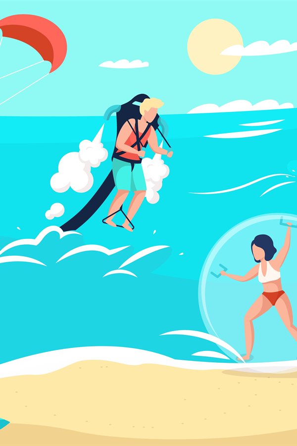 Sea sport. Cartoon people doing extreme activities on beach.