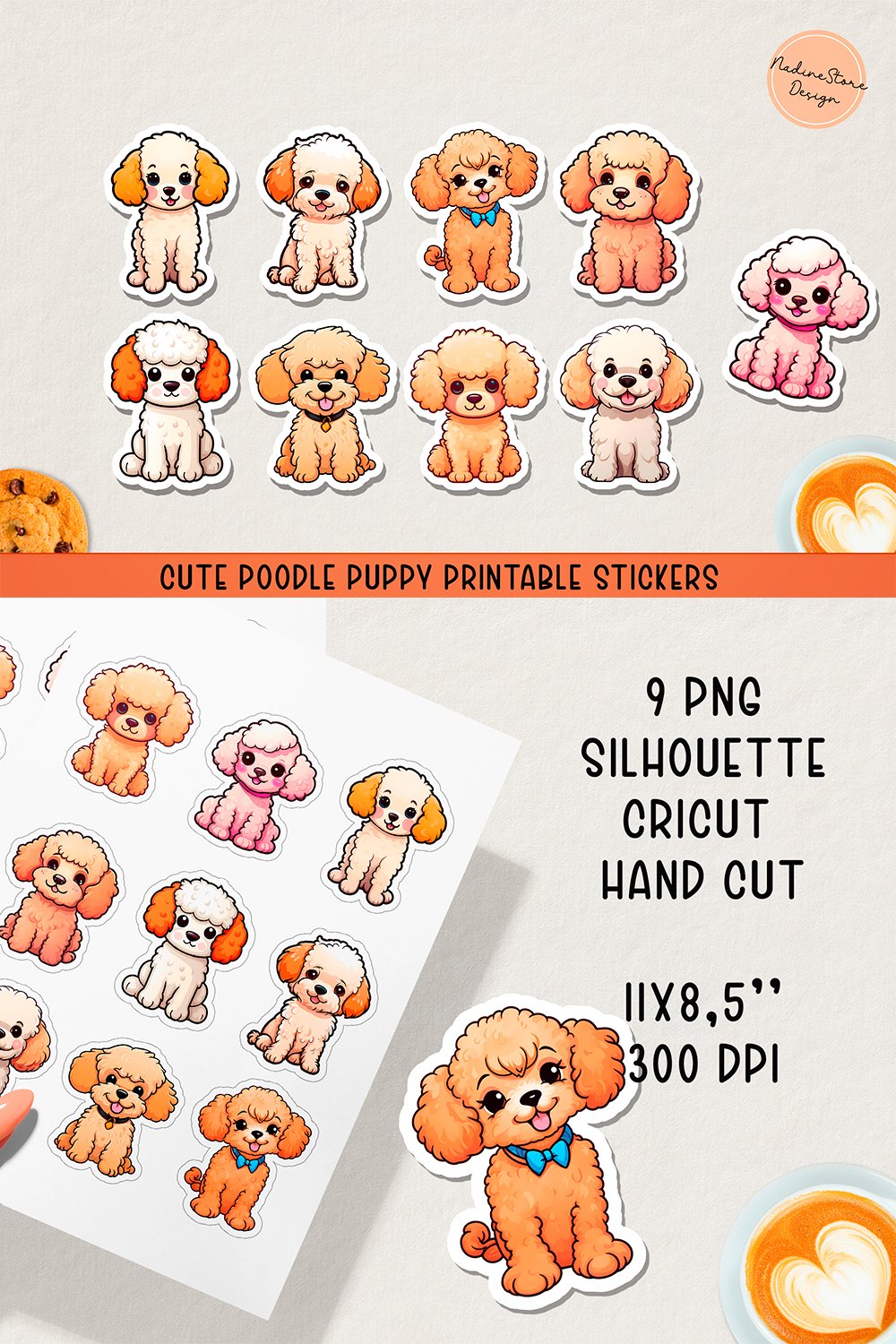Cute poodle puppy printable stickers. PNG, JPG.