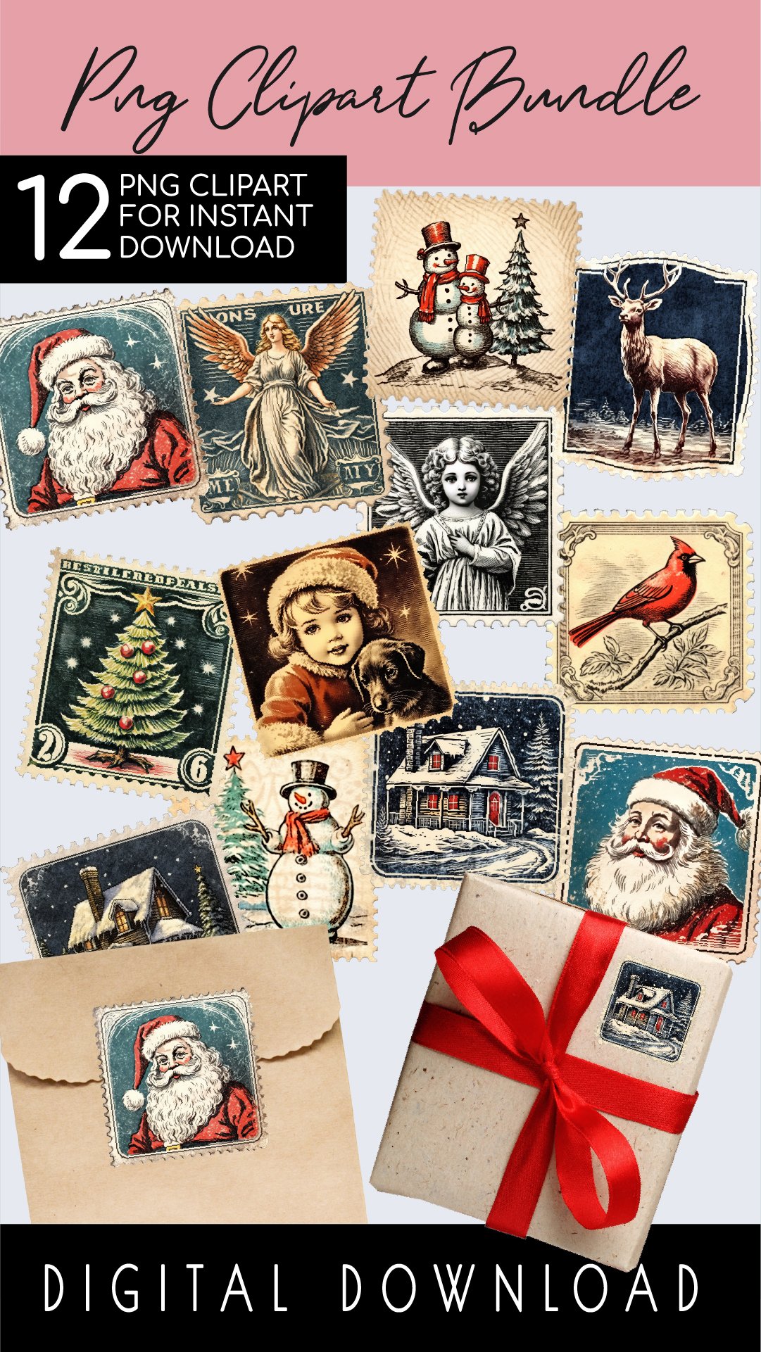 Christmas Mail Stamps Clipart Bundle Santa Mail Sublimation