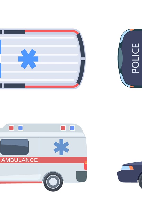 Vehicle set. Transport top view. Police car ambulance fire e