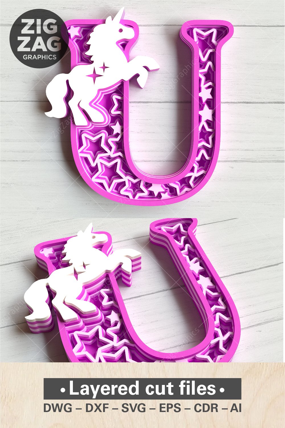 layered kids letter U with unicorn and stars SVG cut file