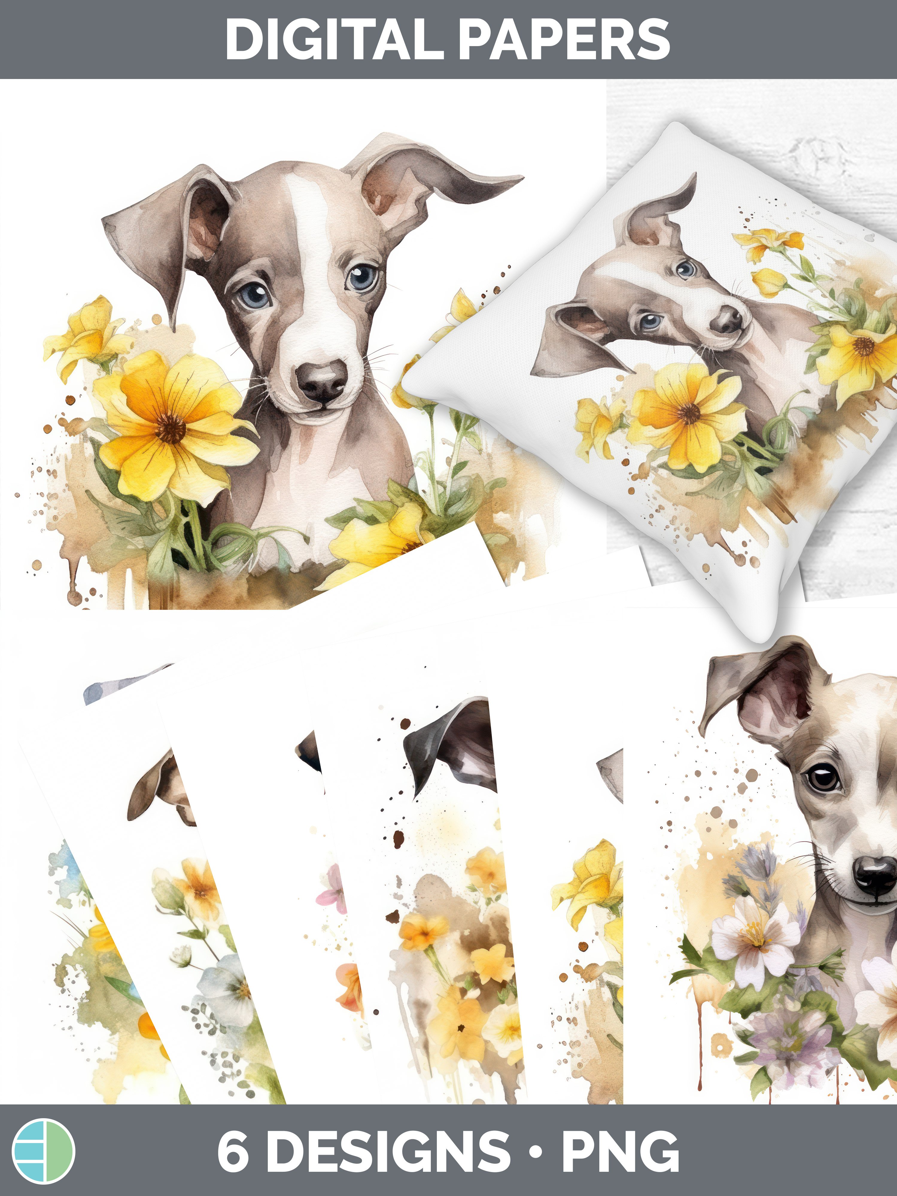 Watercolor Whippet Dog Paper Backgrounds | Digital Scrapbook