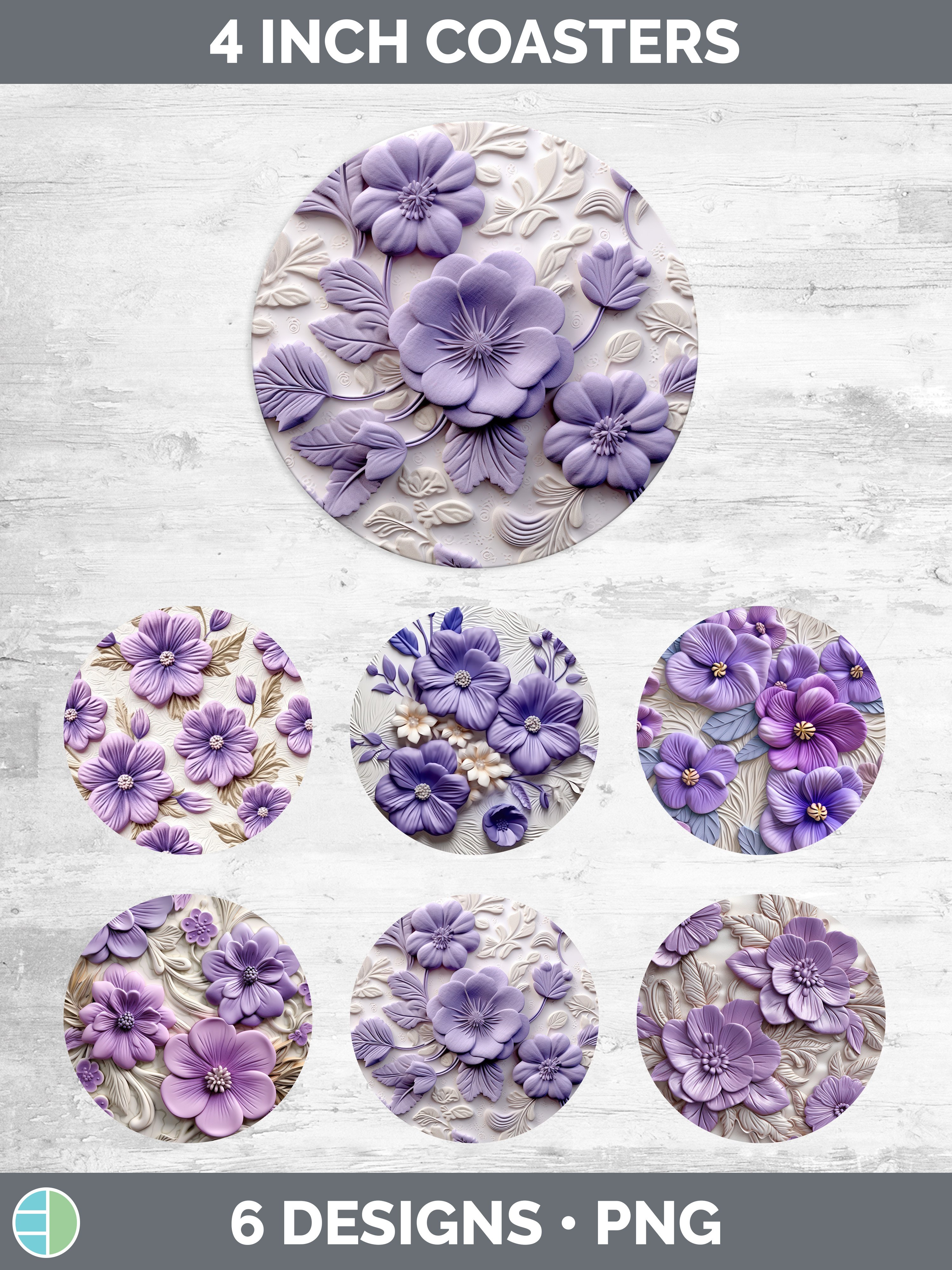 3D Violet Flowers Round Coaster | Sublimation Coaster Design