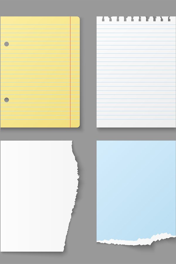 Torn notebook paper. Ripped edges of note sheets, color blan