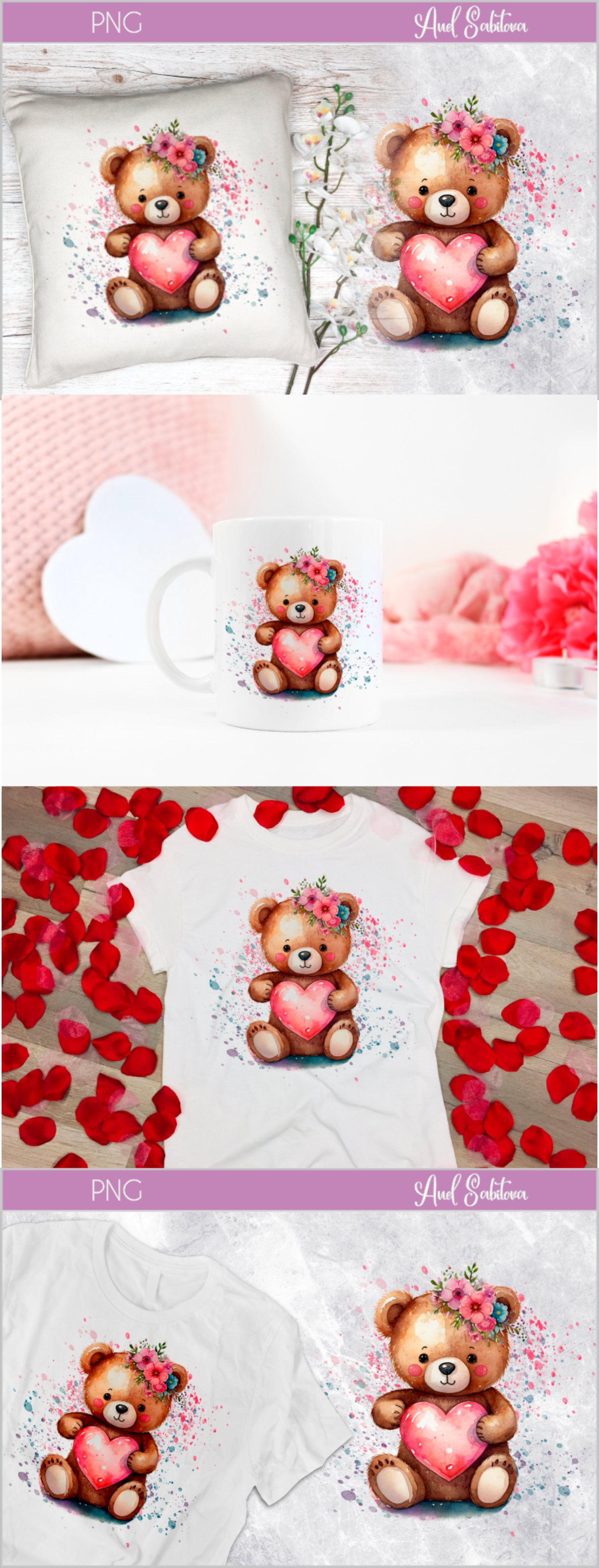 Watercolor Teddy bear with flowers | Sublimation