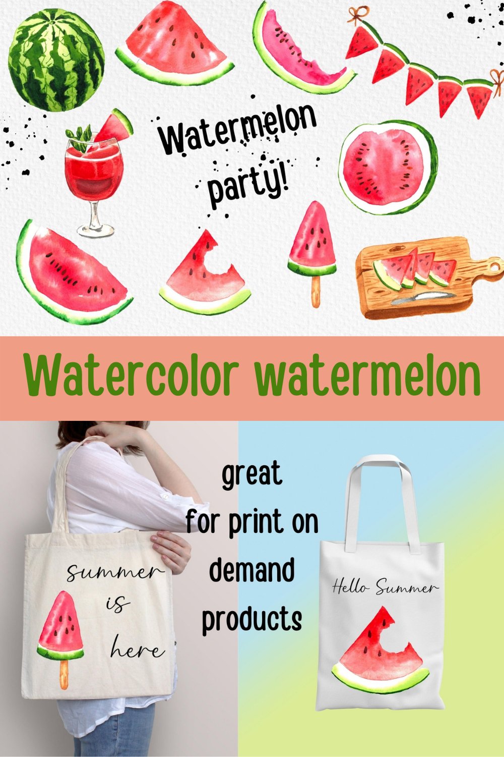 Watermelon Party, Summer Clipart, Watercolor Clipart