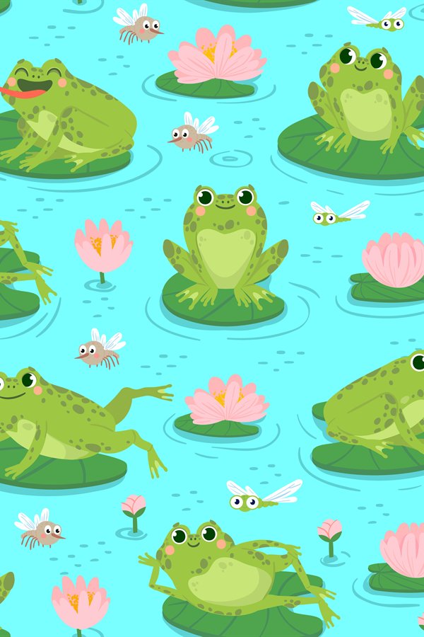 Frog seamless pattern. Repeating cute frogs and aquatic plan